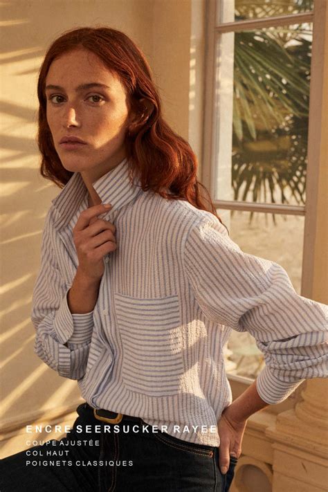 Chemise Seersucker Rayée Bleu Blanc Femme Bourrienne Paris X