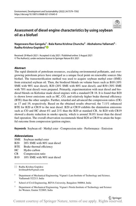 Assessment Of Diesel Engine Characteristics By Using Soybean Oil As A Biofuel Request Pdf