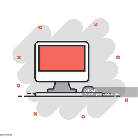 만화 스타일의 개인 용 컴퓨터 격리 된 배경에 데스크톱 Pc 만화 벡터 일러스트레이션 모니터 디스플레이 스플래시 효과 기호