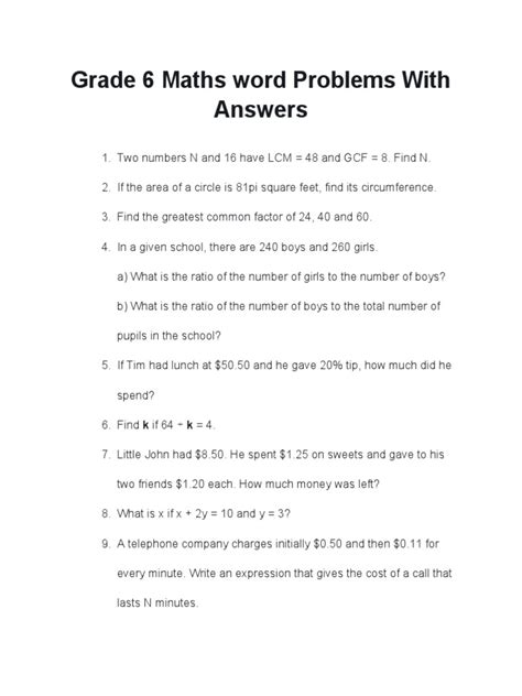 Grade 6 Maths Word Problems With Answer1 Pdf Area Rectangle