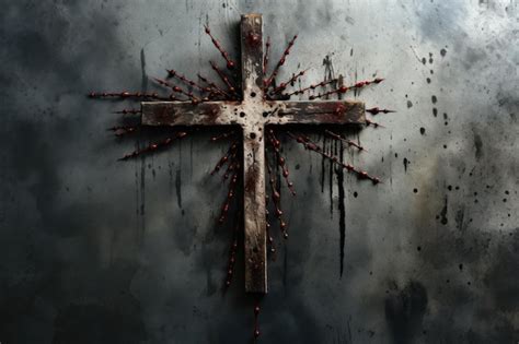 Premium Ai Image Rusty Nail Christian Cross Blood Drops On Grey