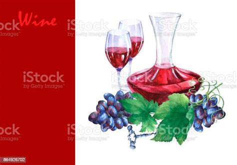 신선한 포도 병따개 디 켄 터와 레드 와인의 유리의 무리와 함께 배치 핸드는 흰색 바탕에 수채화 그림을 그려 건강한 생활방식에