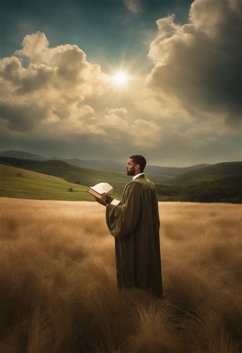 A Man In A Green Robe Standing In A Field Holding A Book Seaart Ai