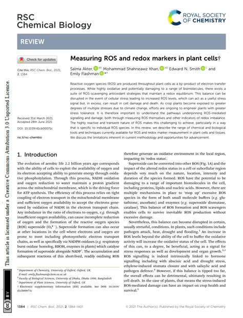 Pdf Measuring Ros And Redox Markers In Plant Cells