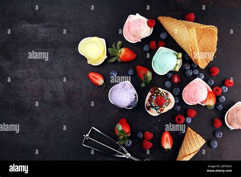Various Of Ice Cream Flavor With Fresh Blueberry Strawberry Kiwi