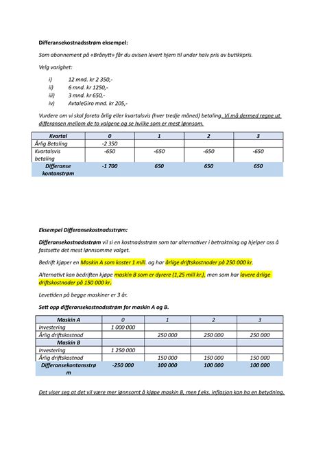 Differansekostnadsstrøm Eksempel Investering Og Finansiering