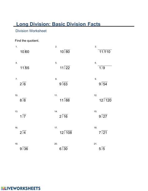 Basic Division Facts Worksheet