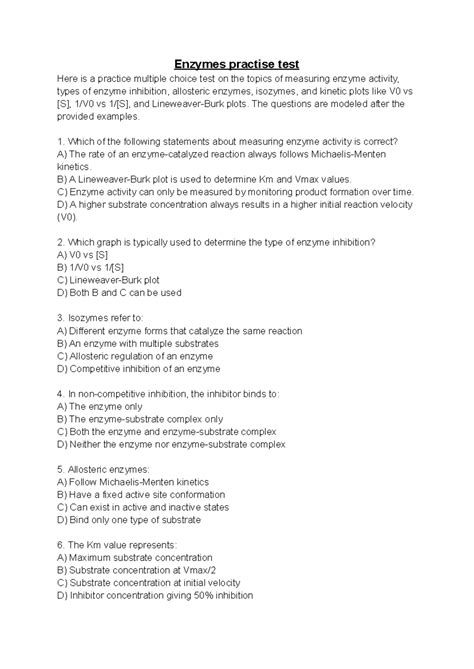 Enzymes Practise Test Enzymes Practise Test Here Is A Practice Multiple Choice Test On The