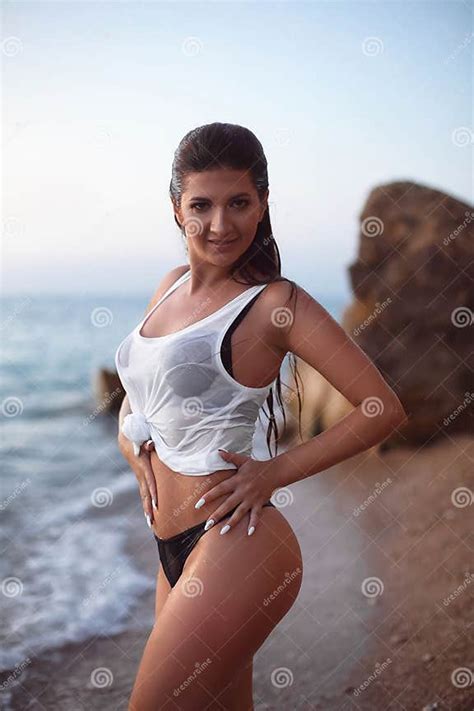 Sensual Wet Bikini Model In Sea Waves Carefree Woman Enjoying