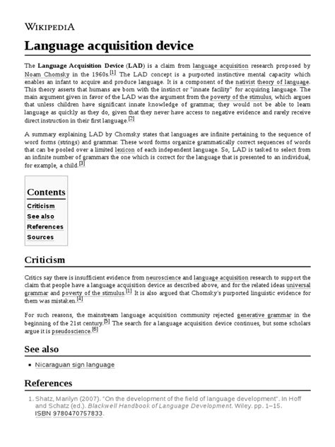 Language Acquisition Device Criticism See Also References Sources Pdf Language Acquisition