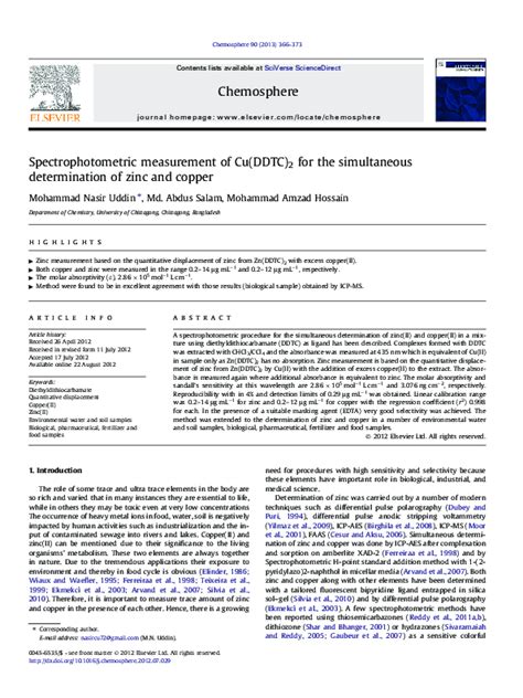 Pdf Spectrophotometric Measurement Of Cuddtc2 For The Simultaneous Determination Of Zinc And