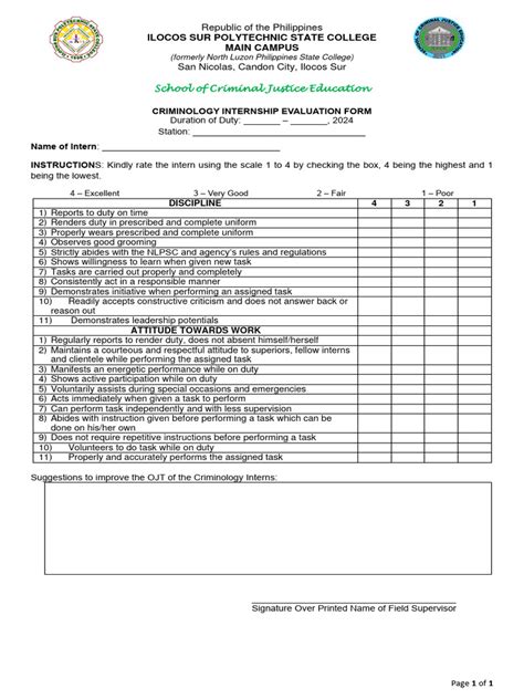 Criminology Internship Evaluation Form Pdf
