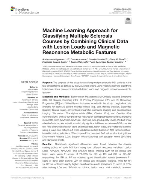 Pdf Machine Learning Approach For Classifying Multiple Sclerosis