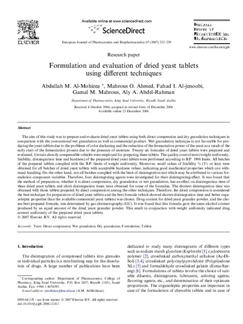 Pdf Formulation And Evaluation Of Dried Yeast Tablets Using Different
