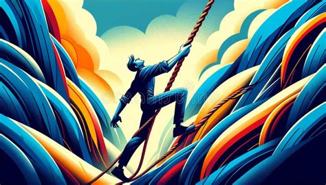 A Stylized Figure Ascends Dynamically Climbing A Rope Against A Backdrop Of Abstract Stock