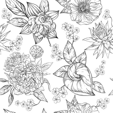 Black And White Hand Draw Seamless Pattern With Elegant Flowers