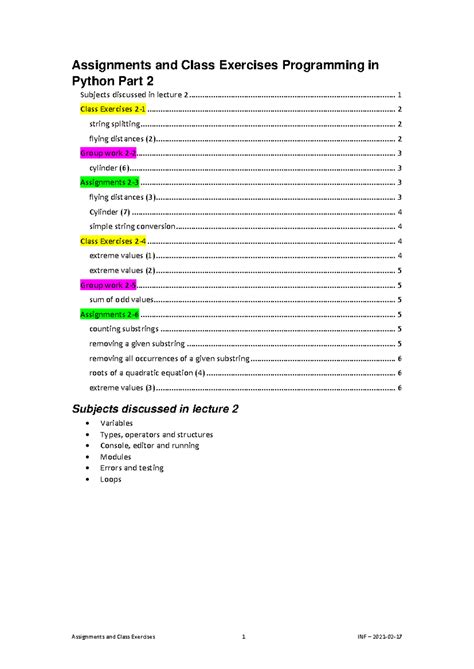 Programming In Python Assignments And Class Exercises Part 2 Studeersnel