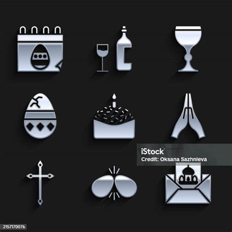 부활절 케이크와 촛불 달걀 행복 손기도 위치 기독교 십자가 금이 가진 와인 잔 및 달력 아이콘과 인사말 카드를 설정합니다 벡터 검은색에 대한 스톡 벡터 아트 및 기타 이미지