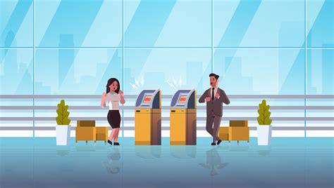 돈 오류 알림 금융 위기 거래 거부 와 Atm 기계 근처 슬픈 남자 여자 고객 은행 개념 수평 전체 길이에 잠긴 은행 신용 카드 나쁜 서비스 거부 가공의 인물에 대한 스톡