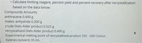 Solved Calculate Limiting Reagent Percent Yield And Chegg