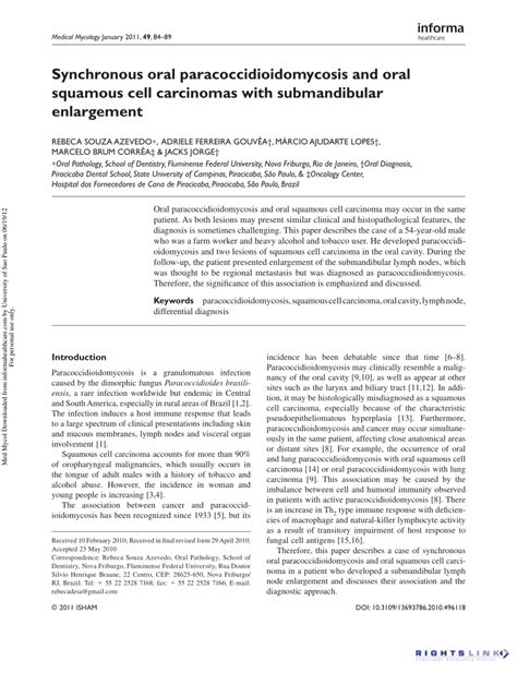 Pdf Synchronous Oral Paracoccidioidomycosis And Oral Squamous Cell