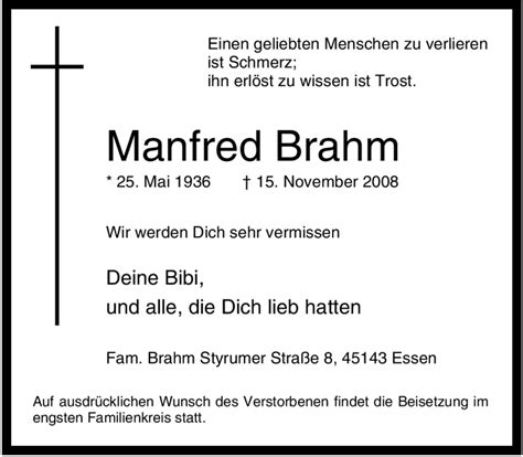 Traueranzeigen Von Manfred Brahm Trauer In Nrwde