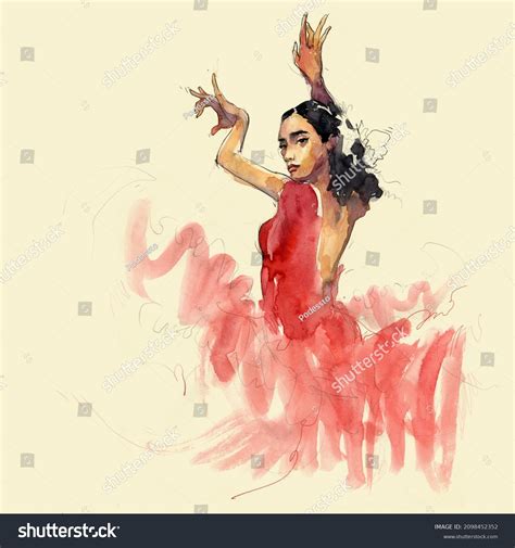 Flamenco Dancer Red Dress Realistic Watercolor Stock Illustration