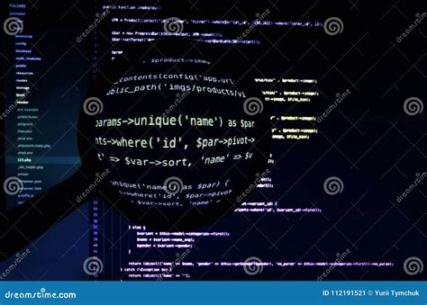 Php Code Under Magnifier Light Code On The Dark Blue Background Stock