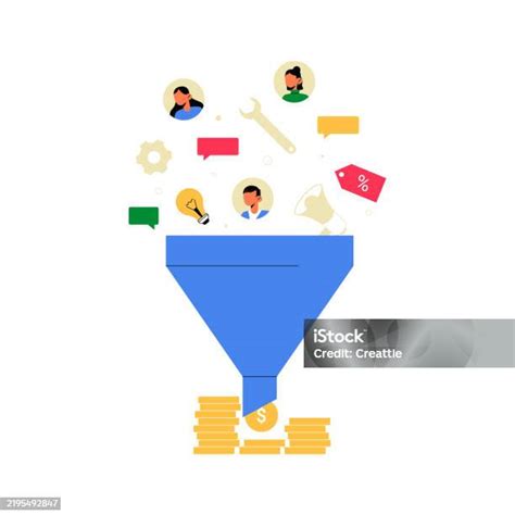 마케팅 퍼널 아이콘과 동전 에서 고객 전환과 수익 창출을 상징하는 평면 벡터 일러스트 레이 션 흰색 배경에 고립 0명에 대한