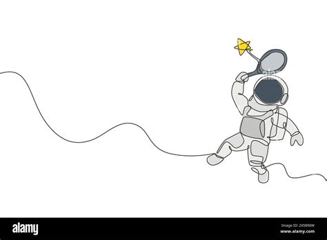 One Continuous Line Drawing Of Cosmonaut Exploring Outer Space Astronaut Hitting Star With