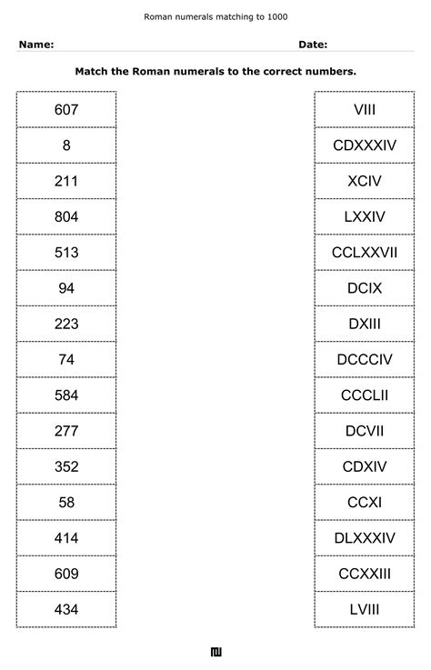 Roman Numerals Matching To 1000 Match The Numbers 1 To 1000 Roman