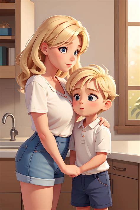 A Cartoon Picture Of A Mother And Son Hugging In The Kitchen SeaArt AI