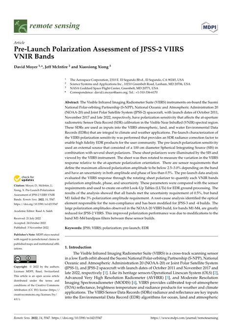 Pdf Pre Launch Polarization Assessment Of Jpss 2 Viirs Vnir Bands