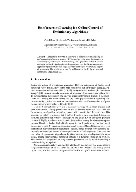 Pdf Reinforcement Learning For Online Control Of Evolutionary Algorithms