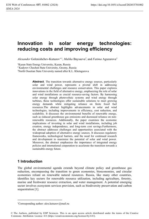 Pdf Innovation In Solar Energy Technologies Reducing Costs And Improving Efficiency