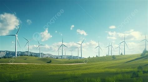 산이 있는 푸른 들판에 있는 풍력 터빈 푸른 하늘 배경 위에 그린 필드에 풍력 터빈이 있는 3d 렌더링 풍경 고화질 사진 사진 배경 일러스트 및 사진 무료 다운로드