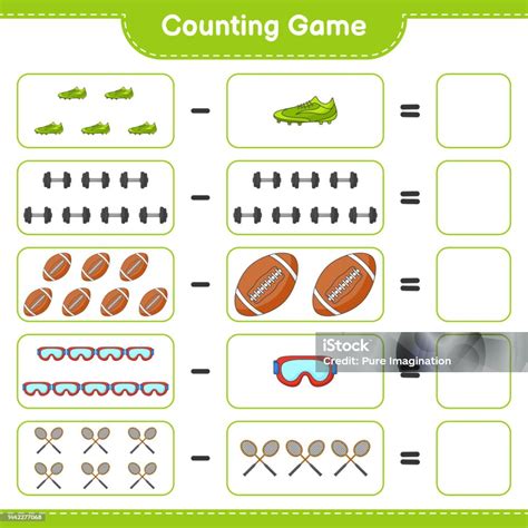 카운트 및 일치 배드민턴 라켓 덤벨 럭비 공 고글 축구화의 수를 세고 올바른 숫자와 일치하십시오 교육 어린이 게임 인쇄 워크시트 벡터 일러스트 레이 션 0명에 대한 스톡