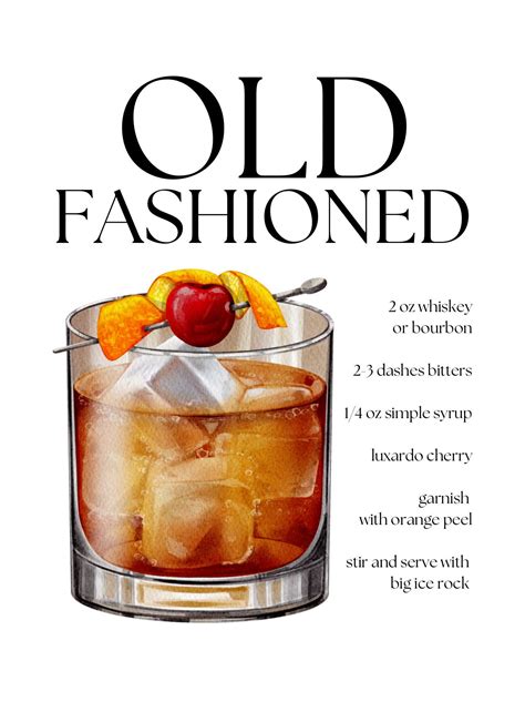 Cocktail Recipe Wall Art Poster Old Fashioned Vintage Cocktail