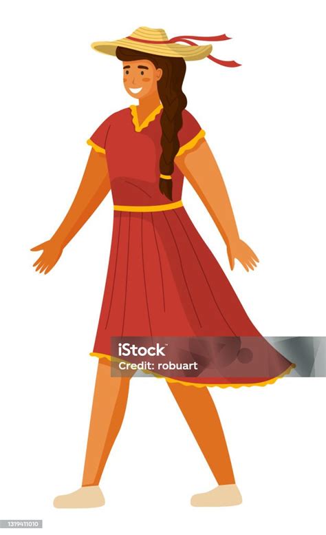 빨간 드레스를 입은 젊은 긴 머리의 무두질 소녀 날아다니는 리본이 달린 챙이 넓은 모자 여름 따뜻한 계절 Red Dress에