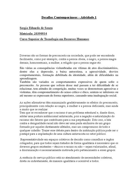Desafios Contemporâneos Atividade 1 Pdf Racismo Discriminação E