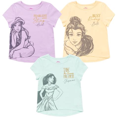 Disney Princess Jasmine Belle Ariel Big Girls 3 Pack T Shirts Little