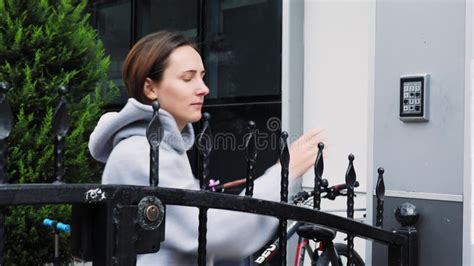 Woman Entering Code At Electronic Entry Lock To Open Doors Female Enters Password On Electronic