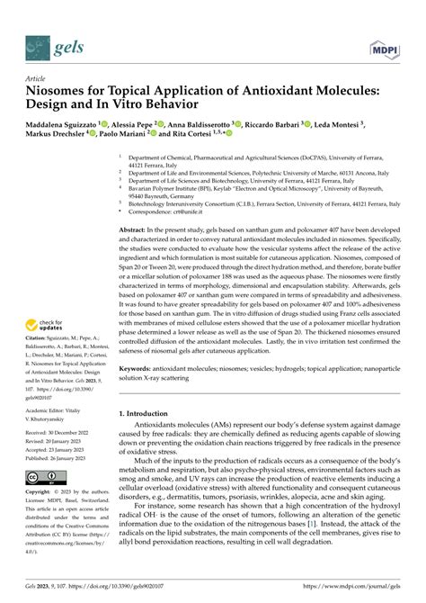 Pdf Niosomes For Topical Application Of Antioxidant Molecules Design And In Vitro Behavior