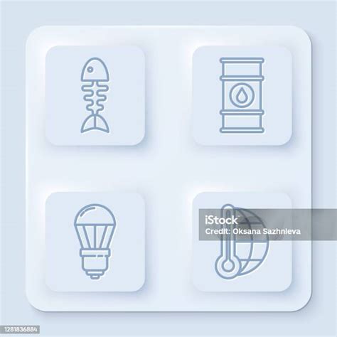 세트 라인 물고기 골격 오일 배럴 라인 Led 전구 및 기상 온도계 측정 흰색 정사각형 버튼 벡터 Led 조명에 대한 스톡 벡터 아트 및 기타 이미지 Istock