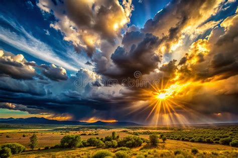 Stunning Sunburst Piercing Dark Storm Clouds A Breathtaking Landscape