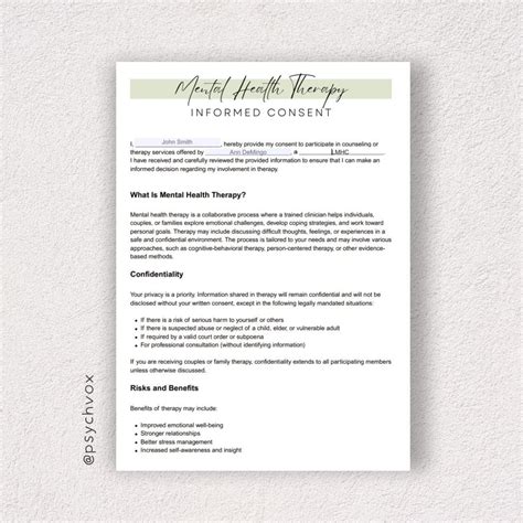 Informed Consent Form For Mental Health Therapy Fillable Pdf Etsy
