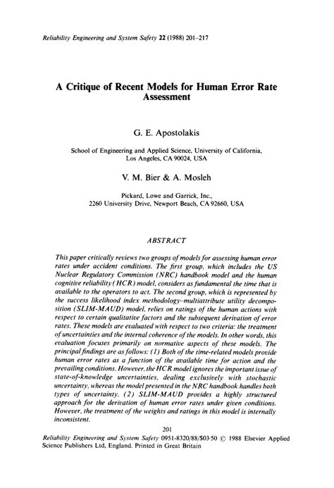 Pdf A Critique Of Recent Models For Human Error Rate Assessment