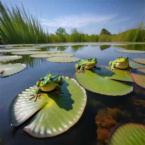 Vibrant Green Frogs On Lily Pads In Serene Pond Stock Illustration