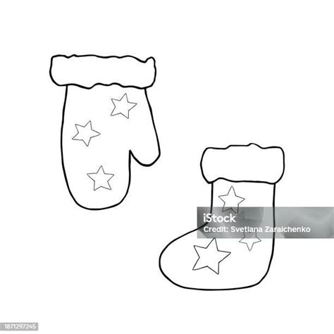 크리스마스 양말과 벙어리 장갑 세트 윤곽선 그리기 손으로 그린 벡터 그림입니다 색칠 페이지 카드 인쇄물 포장 초대장 명함 광고를