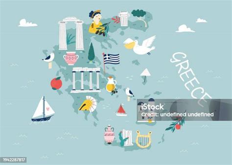 유명한 랜드 마크 장소 및 상징과 그리스의 벡터 양식화 된지도 그리스에 대한 스톡 벡터 아트 및 기타 이미지 그리스 그리스